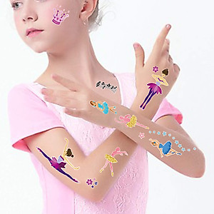 Konsait 186pcs Kids Tattoo Kits, Fake Waterproof Temporary Tattoos Ballet Girls Tattoos for Children's Birthday Party Bags Filler Gift Birthday Party Favors,Dancing Girl Tiara Rose Star LOVE
