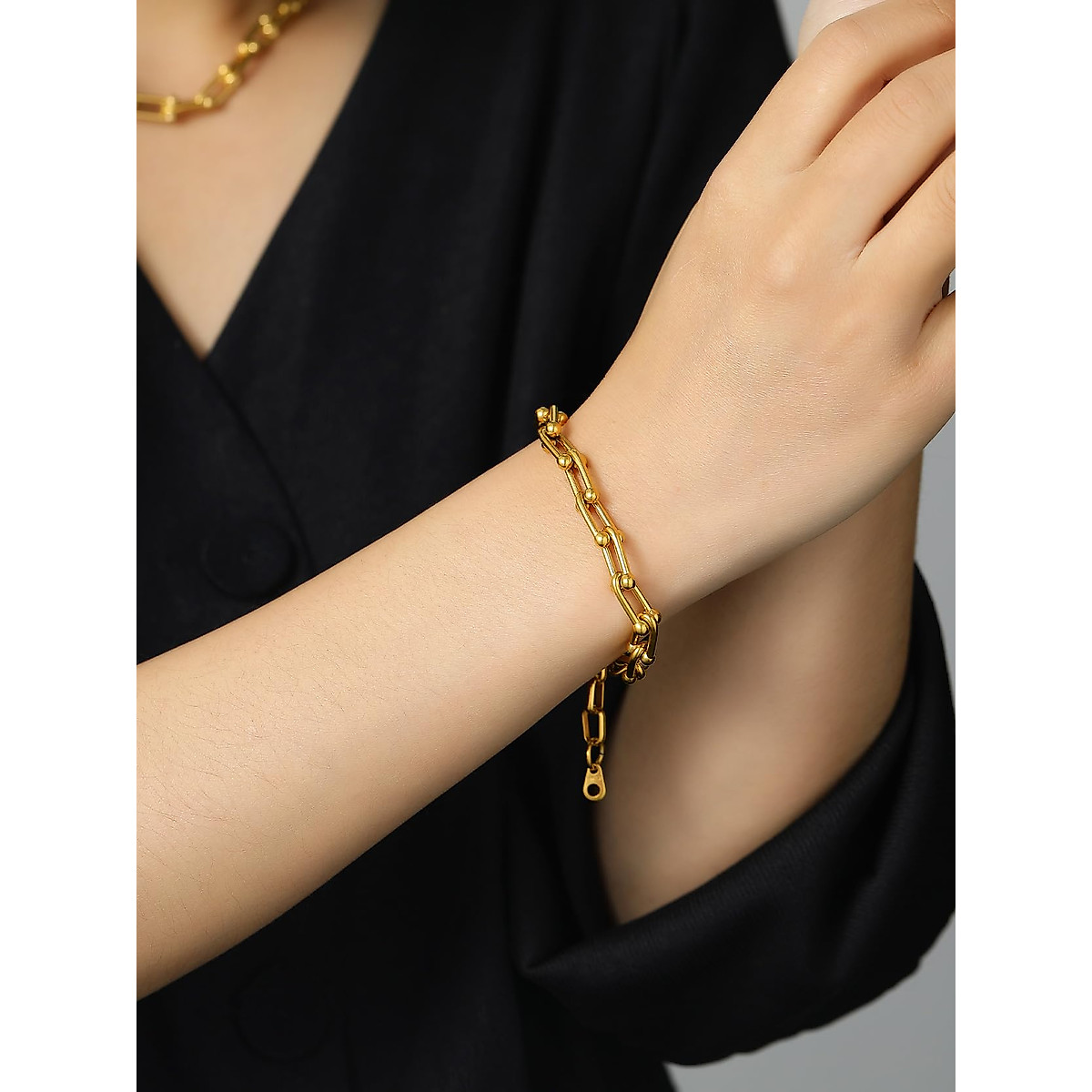 KeyStyle Gold Paperclip Chain Bracelet for Women, 18k Gold U Shaped Link Bracelets for Wife Fiancee, 21cm
