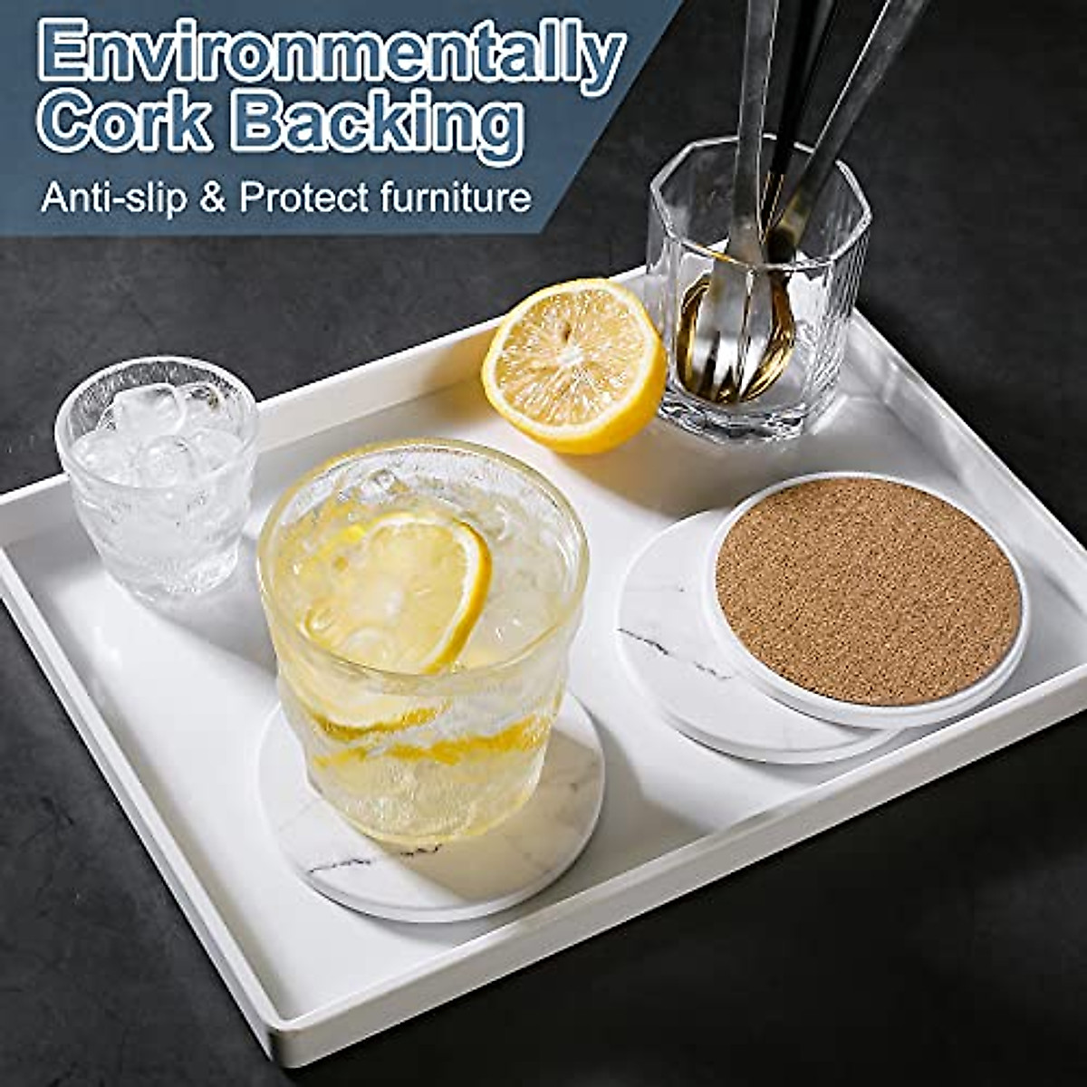 Absorbent Coasters for Drinks ,Ceramic Coaster Set of 6 with Holder, Durable Cup Coaster for Coffee Table with Cork Base for Table Protection, Housewarming Birthday Gifts, Home Decor (White Marble)