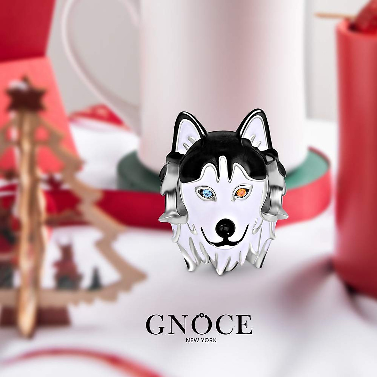 GNOCE Husky Dog Charm Bead Sterling Silver For Bracelet Heterochromia Husky Charm Bead Black Plated Fit Necklace Pets Charm for Women (1-Husky Dog)