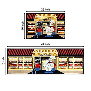 FAMIFIRST Kitchen Rug 2 Piece Non Slip Kitchen Mat Latex Backing Door Mat Floor Mat Kitchen Decor Set, 16''x47''+16''x23'', Bread Chef
