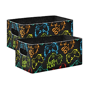 Emelivor Colorful Games Joystick Storage Basket Bins Set (2pcs) Felt Collapsible Storage Bins with Dual Handles Closet Storage Bins for Nursery Toys,Kids Room,Clothes,Towels,Magazine
