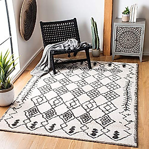 SAFAVIEH Tunisia Collection 5'3" x 7'7" Ivory / Black TUN736A Moroccan Tribal Non-Shedding Living Room Bedroom Dining Home Office Area Rug