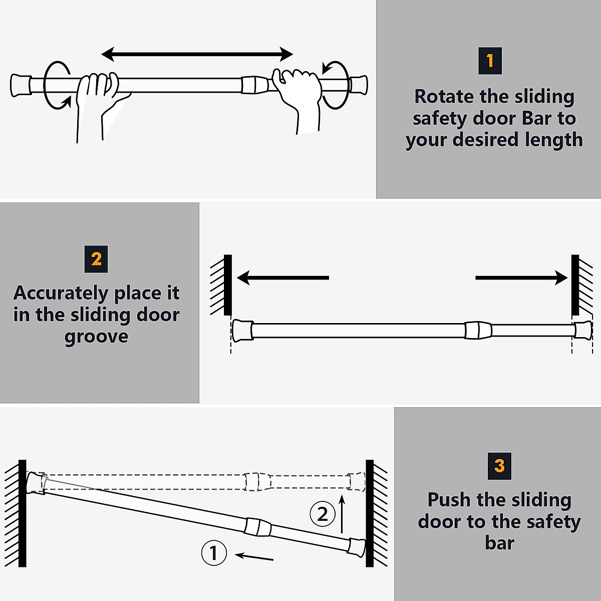 6 Pcs Black and White Sliding Door Security Bar Window Security Bar Adjustable Sliding Glass Door Bar Sliding Door Security Stick with Rubber Tips for Home Sliding Windows Door