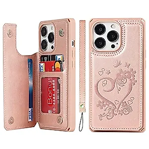 iCoverCase for iPhone 13 Pro Phone Case with Card Holder, iPhone 13 Pro Wallet Case for Women with Strap, RFID Blocking Embossed Leather Kickstand Case for iPhone 13 Pro 6.1 Inch (Heart Rose Gold)