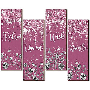 Huwena 4 Pcs Glitter Diamond Bathroom Wall Decor Wooden Relax Wish Unwind Breathe Wall Art Bathroom Decor Pink Silver Shiny Drips Hanging Bathroom Sign for Living Room Home Spa Bathroom