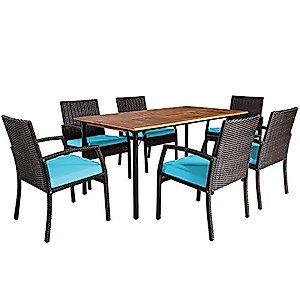 Tangkula 7 Pieces Patio Dining Set, Acacia Wood Wicker Dining Furniture Set with Steel Frame & Umbrella Hole, Outdoor Dining Table Chair Set with Removable Cushions for Backyard, Garden (Turquoise)