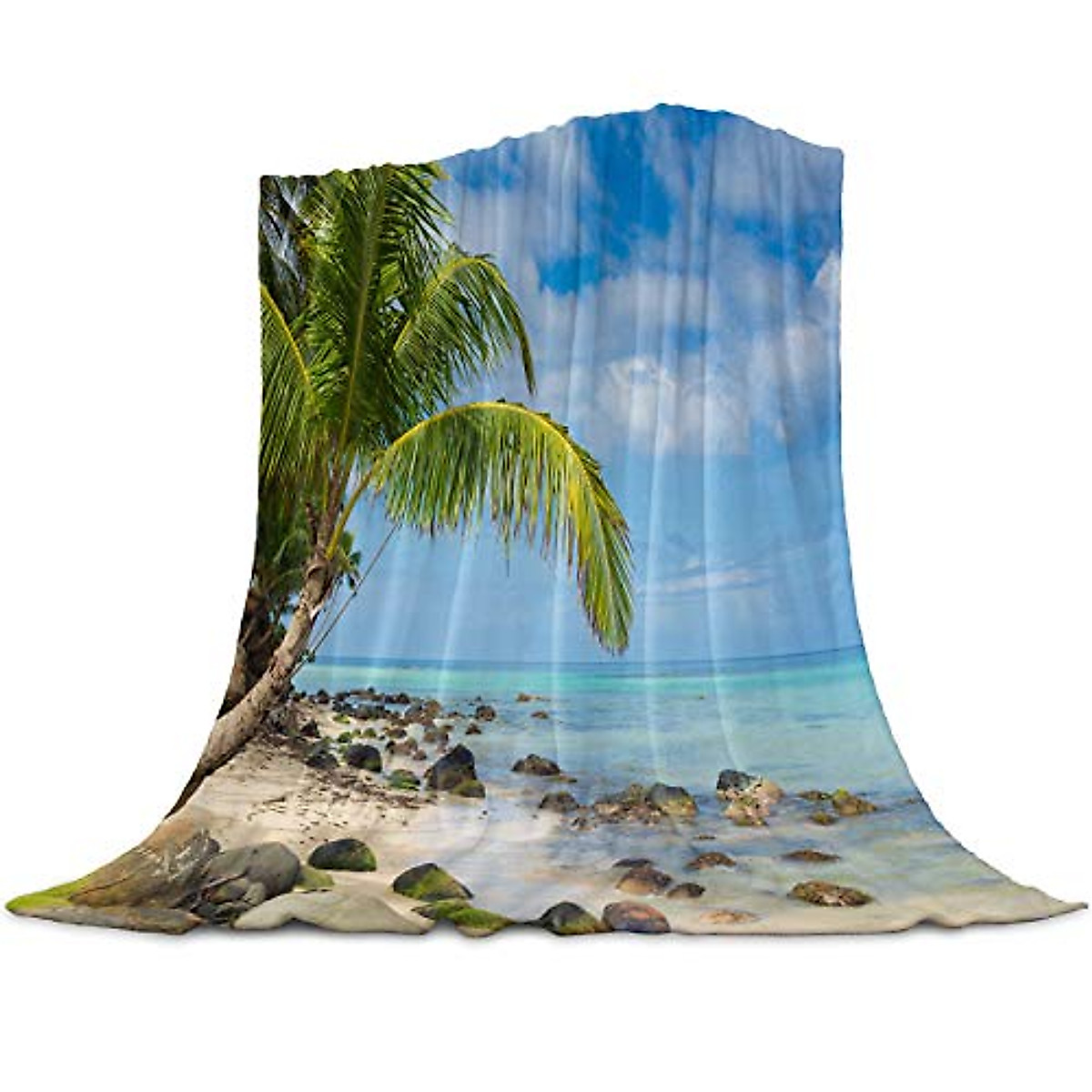 ANNAMALL Throw Blanket,50x60 Inch Palm Tree Beach Sea Cloud Blue Sky Island Reef Stone Microfiber Throw Blankets Warm Cozy Lightweight Blanket for Sofa,Bed,Camping,Picnic
