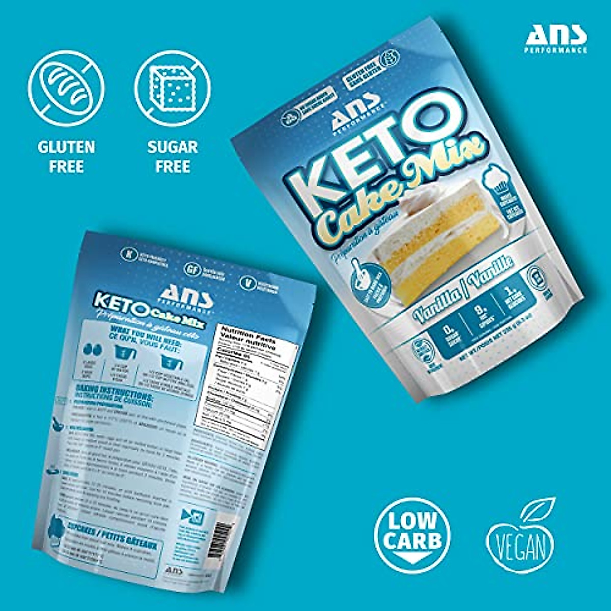 ANS Performance Keto Cake Mix - Low Carb Keto Baking Mix - Vanilla Zero Added Sugar - Naturally Sweetened - Gluten-Free Treat - Vegetarian Friendly