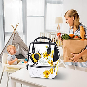 Bumble Bee and Flowers Diaper Bag Backpack, Large Capacity Muti-Function Travel Backpack