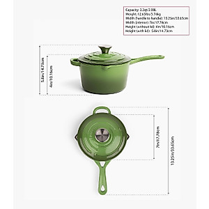 Larder & Vine 2.2 Quart Enameled Cast Iron Saucepan with Lid, Cast Iron Pan with Pour Spouts, Ergonomic Handle, Helper Handle, Stainless Steel Knob, Self-Basting Lid with Drip Bumps (Okra)