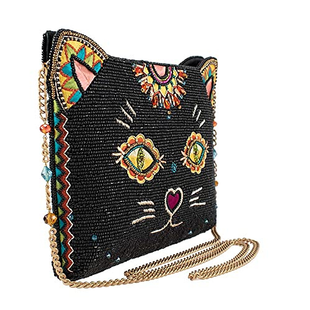 Mary Frances Purrsuasian Beaded Sugar Skull Cat Crossbody Clutch Handbag, Black