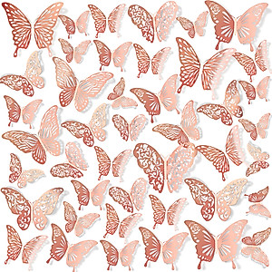 Creative 60PCS Hollow Butterfly Wall Decals 5 Style 3D Butterflies Stickers DIY Removable PVC Refraction Shiny Gold Home Decor for Kids Girl Bedroom Living Room Nursery Playroom Decoration (Rose Gold)