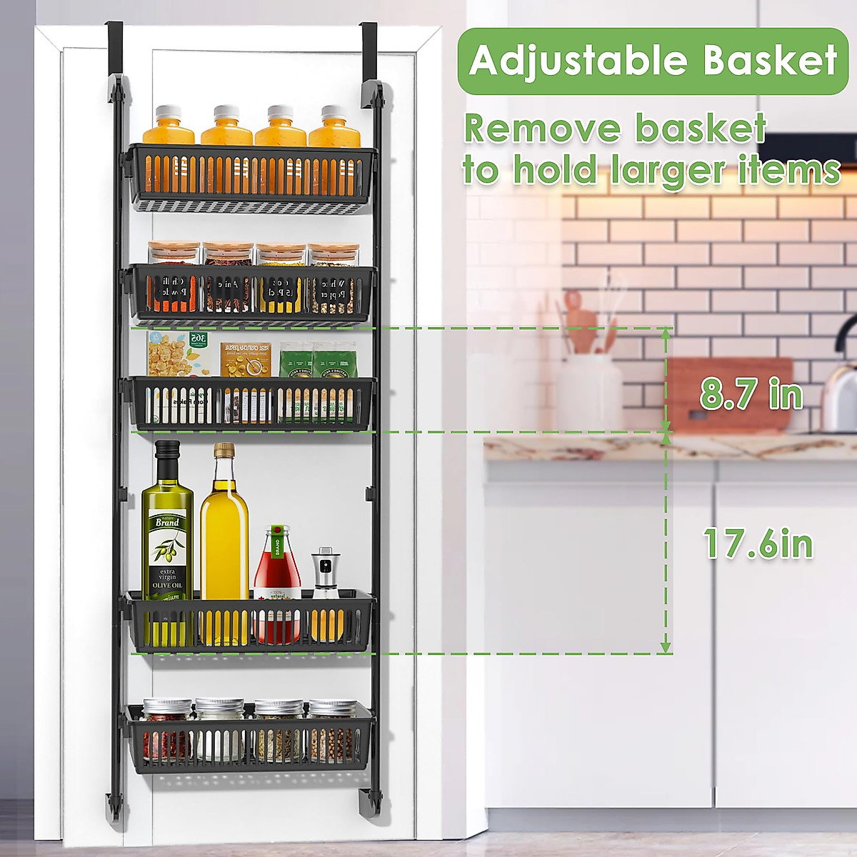 6-Tier Over the Door Pantry Organizer, Upgrade Pantry Door Organization and Storage with 6 Maximum Baskets, Wall Mounted Over the Door Spice Rack Suitable for Kitchen, Bathroom, Playroom