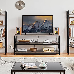 Yaheetech Industrial TV Stand with 3-Tier Storage Shelves, 55" TV Cabinet with Power Outlets for Living Room, Media Entertainment Center TV Console with Charging Station, Metal Frame, Taupe Wood