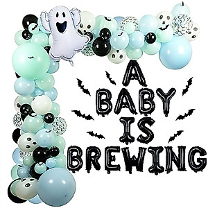 Halloween Balloon Arch Garland Kit, A Baby is Brewing Blue Balloon Arch with 3D Wall Stickers for Halloween Baby Shower Decorations for Boy Halloween Gender Reveal Party Supplies