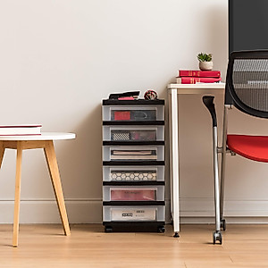 IRIS USA MC-360-TOP Plastic Storage Drawer, Rolling Cart with Organizer Top, 6 BLK CLR, Black