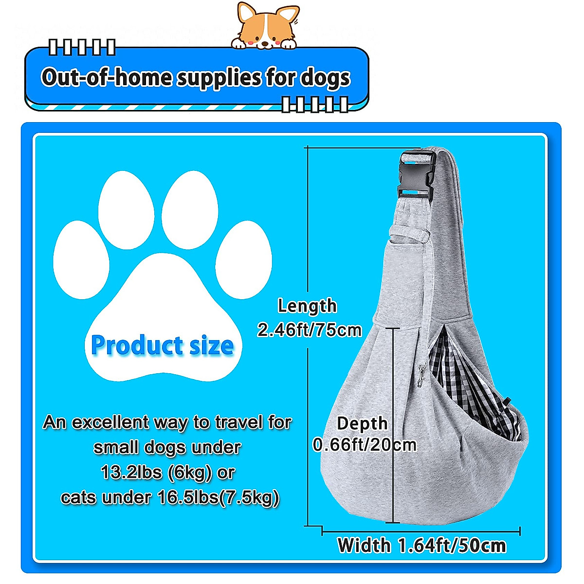 Kanemc Dog Sling Carrier for Small Dogs Cat Puppy Pets Up to 16.5lbs, Comfy Hard Bottom Support, Adjustable Padded Shoulder Strap, Hands-Free Dog Carrier Sling Bag for Outdoor Travel