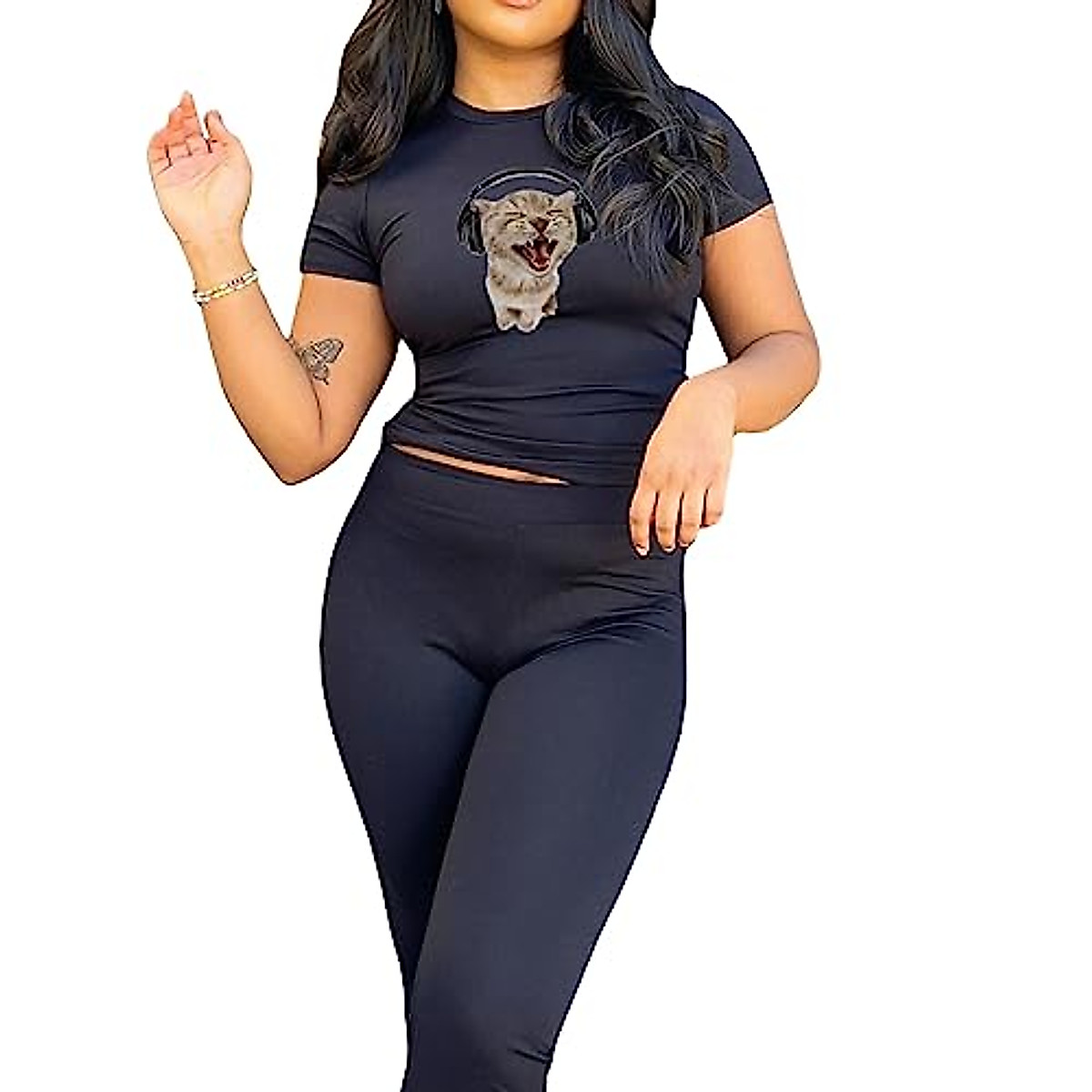 Suagox Women's Y2k Crop Tops Cute Kawaii Short Long Sleeve Grunge T-Shirts Teen Girls Graphic Letter Print Baby Tees (Cat/Black, S)