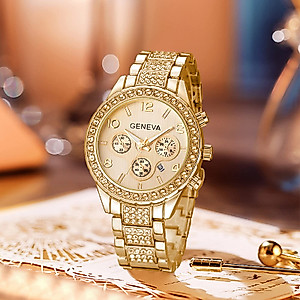 Luxury Unisex Crystal Diamond Watches Quartz Digital Calendar Rose Gold Silver Stainless Steel Watch (Gold)