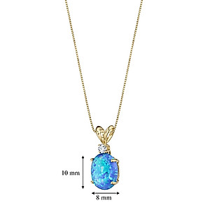 PEORA 14K Yellow Gold Created Blue Opal with Genuine Diamond Pendant, Elegant Solitaire, Oval Shape, 10x8mm, 1 Carat total