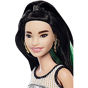 Barbie Fashionistas Doll with Green Streaks in Long Brunette Hair, Wearing Glittery Tank Dress and Accessories, for 3 to 7 Year Olds