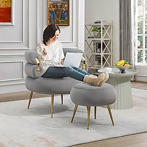 Antetek Modern Velvet Accent Chair with Ottoman, Upholstered Sofa Chair with Stylish Golden Decor, Comfy Arm Chair Leisure Lounge Chair for Living Room, Bedroom, Office, Grey