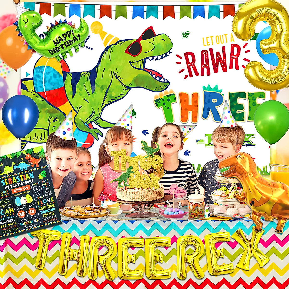 Three Rex Birthday Party Decorations Boy, Dinosaur 3rd Birthday Party Decorations Supplies,3 Rex Birthday Party with 3 Rex Birthday Backdrop Dinosaur Balloons Kit for 3rd Birthday Decorations for Boys
