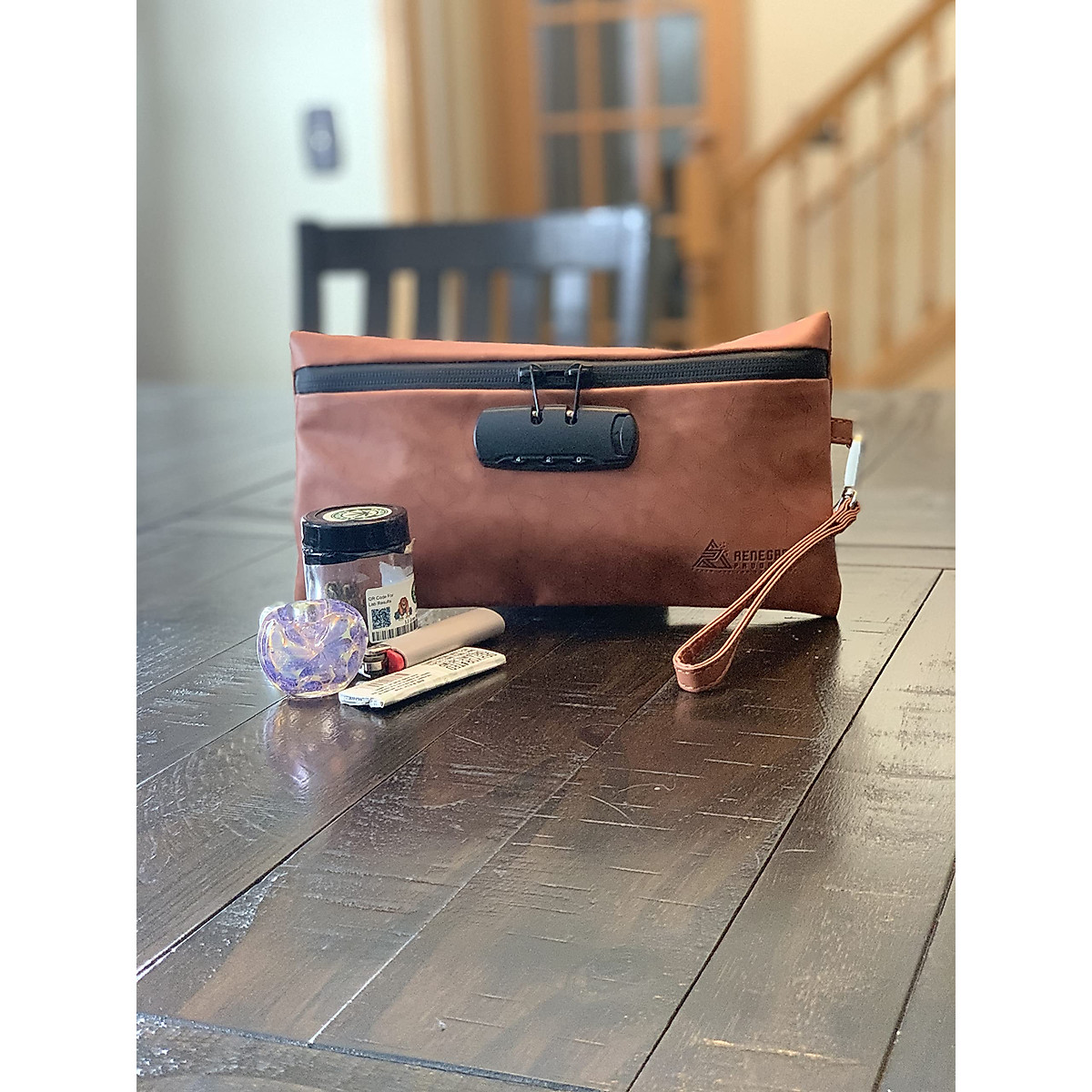 iRenegade locking cash drop money bag with 3 digit personal combination lock travel security leather finish wristlet clutch bag odor absorbing + smell proof (lite brown)