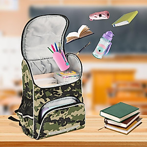 School Backpack with Chest Strap, Army Green Camouflage Laptop Backpack, Travel Hiking Backpack for Boys Girls, Rucksack, Knapsack