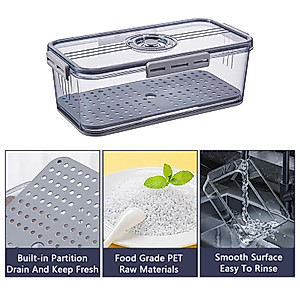 Dafape Refrigerator Organizer, Food Storage Container with Freshness Timer Lid Drain Tray Storage Bins for Fruits Vegetable Meat Dumpling Kitchen Fridge Plastic Reusable Stackable Non-Slip (Gray)