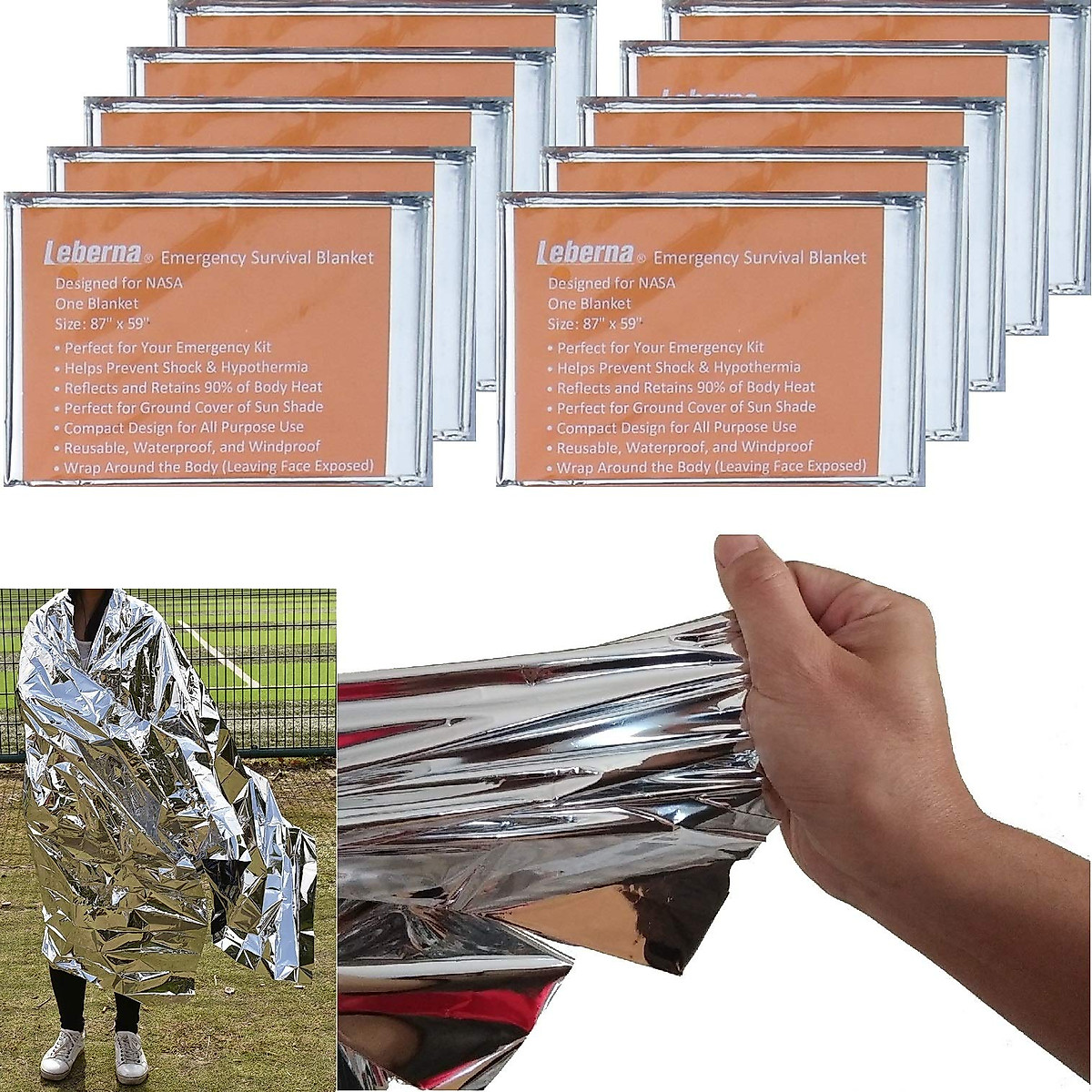 Leberna Emergency Blanket Survival Gear | Foil Mylar Thermal Blankets 63" x 87" inches (Pack of 10) | Big Double Sided Escape Tact Bivvy, | for NASA, Outdoors, Hiking, Space, Marathons First Aid Kit