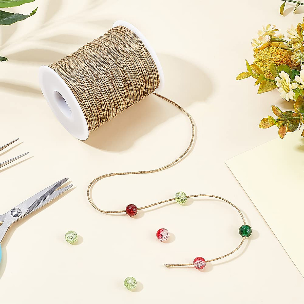 PH PandaHall 100 Yards 1mm Waxed Cotton Cord Thread Beading String for Bracelet Necklace Making Crafting Beading Macrame Vase Decor, Burlywood