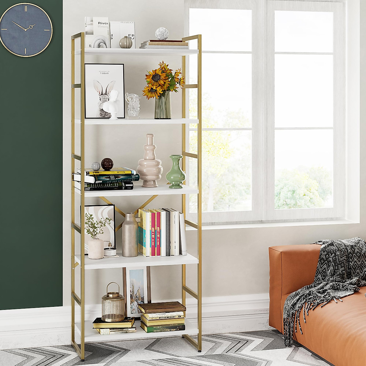 Vongrasig 5 Tier Bookshelf, Modern Tall Bookcase, Industrial Book Shelves Display Standing Shelf, Free Standing Storage Organizer for Bedroom, Living Room, White+Gold