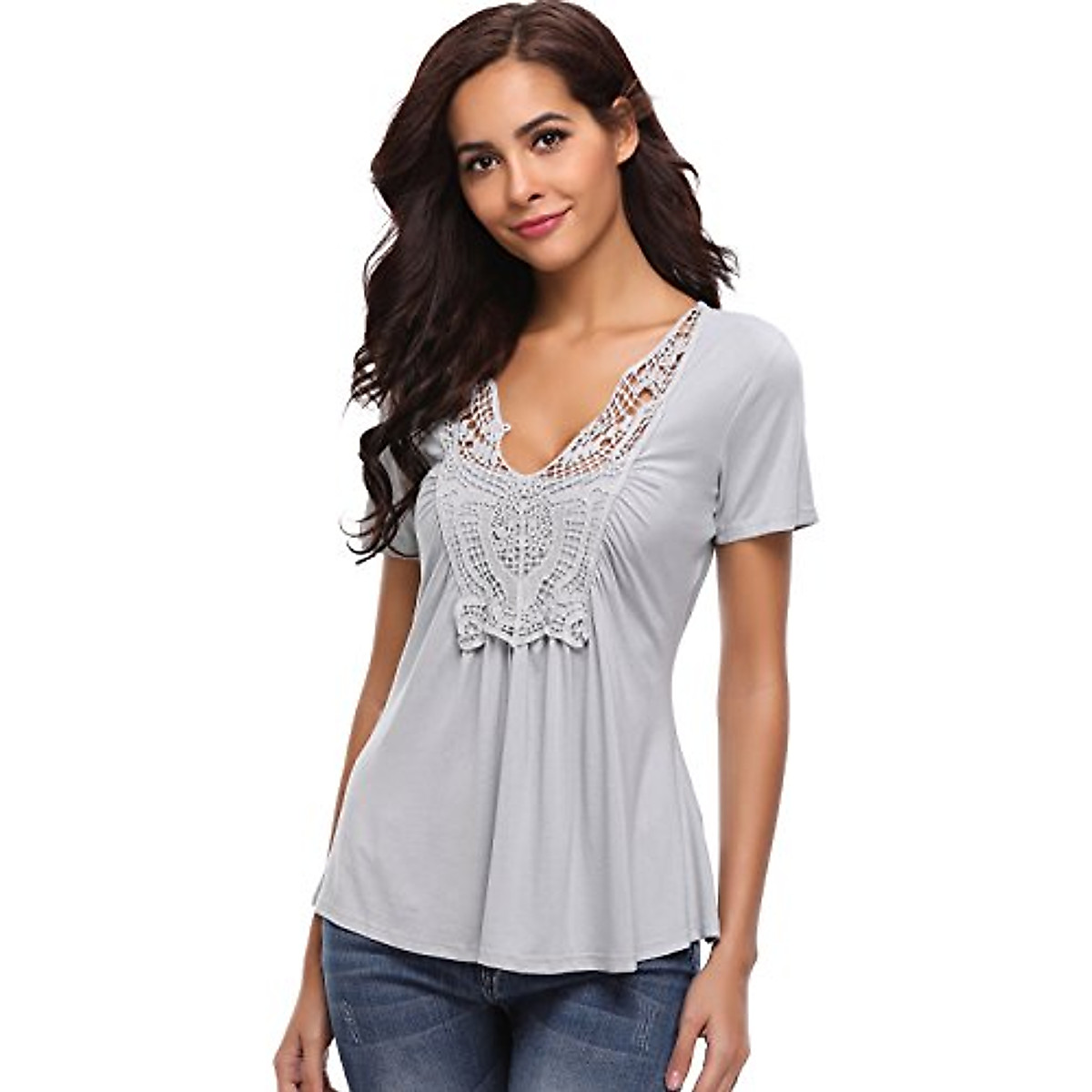 MISS MOLY Peasant Tops for Women Deep V-Neck Lace Ruched Front Ruffle Long Sleeve Blouse Pleated Shirts, Gray, Large