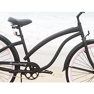 Firmstrong Bella Fashionista Women's Beach Cruiser Bicycle, Single Speed Bicycle, 26 Inch Wheels, Matte Black with Pink Rims
