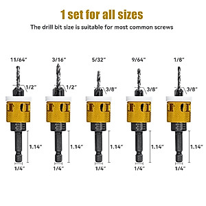5 Pcs Countersink Drill Bit Set with Low Friction Depth Stop, HSS M2 Bits Tapered Head 1/8" 9/64" 5/32" Drill+3/8” 82° Counter-Bore,11/64" 3/16" Drill+ 1/2" 82° Counter Bore,1/4” Hex Shank(Yellow)