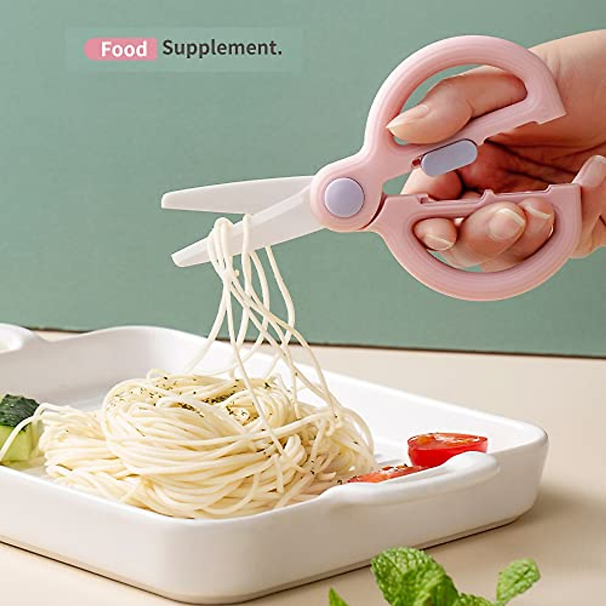 DAMPEN Ceramic Scissors for Baby Food,Portable Baby Food Scissors,Children Safety Food Cutter,with Blade Cover and Travel Case (PINK AND GREEN)