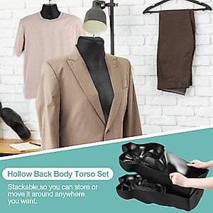 Kigley 2 Pcs Male and Female Mannequin Torso with Stand Black Dress Form Mannequin Hollow Back Body Torso Set Half Body T Shirt Display for Craft Show Counter Top Photo Design, S-Medium Clothes Size