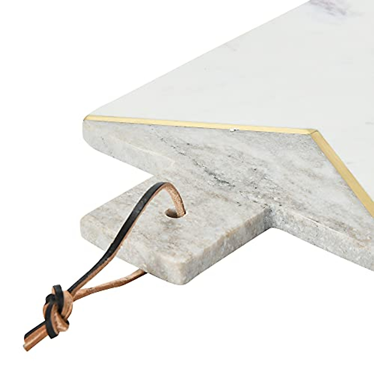 Boho 2-Tone Marble Charcuterie or Cutting Board with Brass Inlay and Leather Tie, Gray and White
