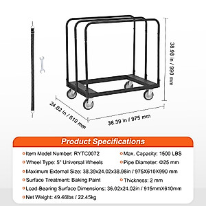 VEVOR Drywall Cart, 1500 LBS Panel Dolly Cart with 36.02" x 24.02" Deck and 5" Swivel Wheels, Heavy-Duty Drywall Sheet Cart, Handling Wall Panel, Sheetrock, Lumber, for Garage, Home, Warehouse Black