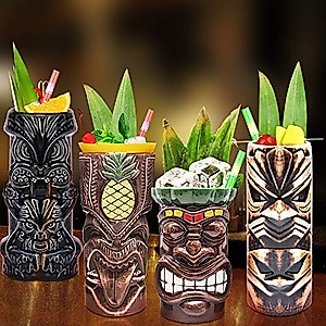Tiki Mugs Cocktail Set of 4 - Large Tumblers Ceramic Hawaiian Luau Party Mugs Drinkware, Cute Exotic Cocktail Glasses, Tiki Bar Professional Hawaiian Party Barware, TKSET0005