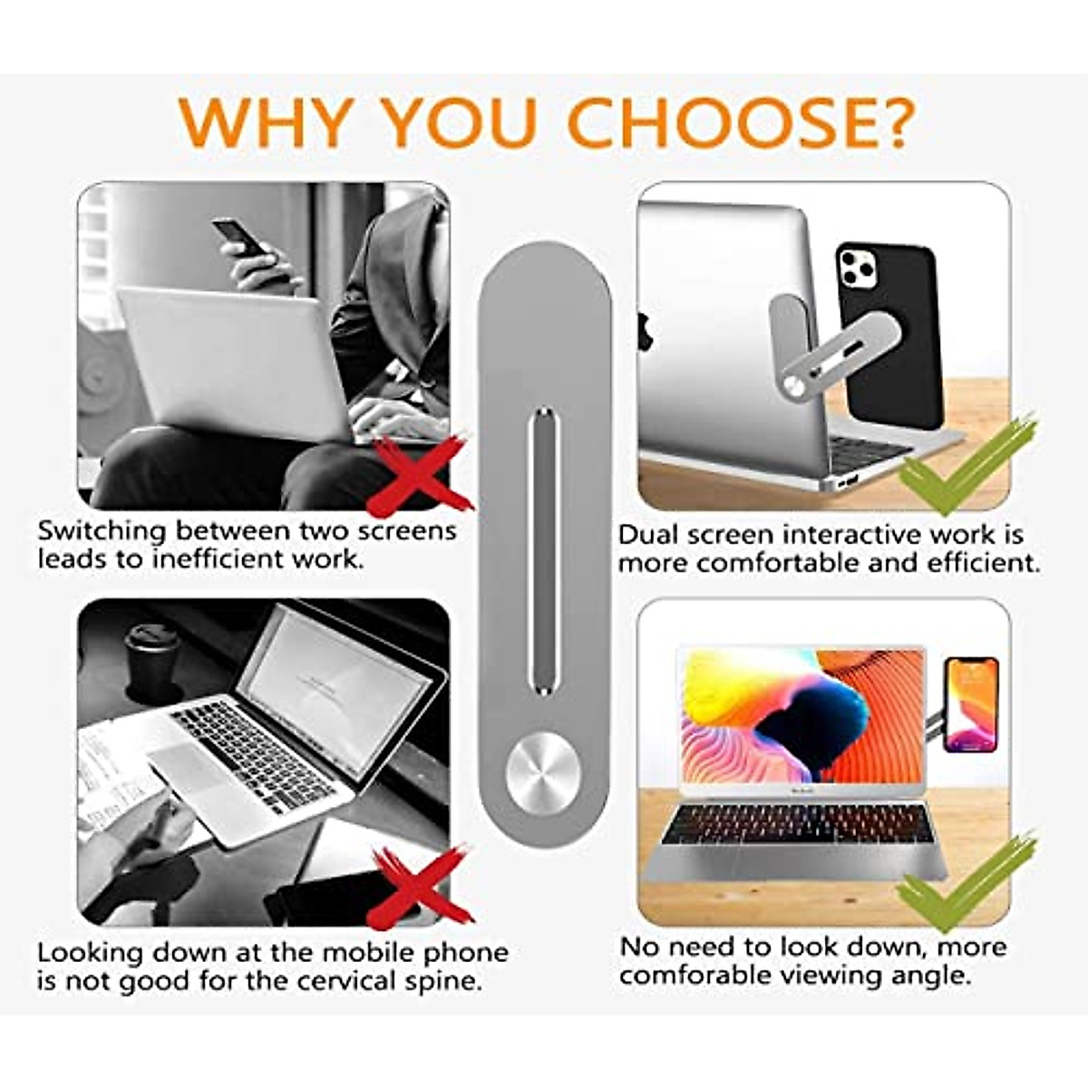 REYPAZ Adjustable Laptop Side Mount Clip, Phone Holder for Laptop - Laptop Stand Computer Monitor Expansion Bracket Compatible with All Cell Phones