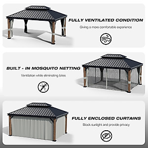 Joyside 12'x16' Hardtop Gazebo, Double Roof Galvanized Steel Canopy with Thermal Transfer Aluminum Frame Permanent Metal Pavilion with Netting and Curtains for Garden (Dark Brown Wood Grain)