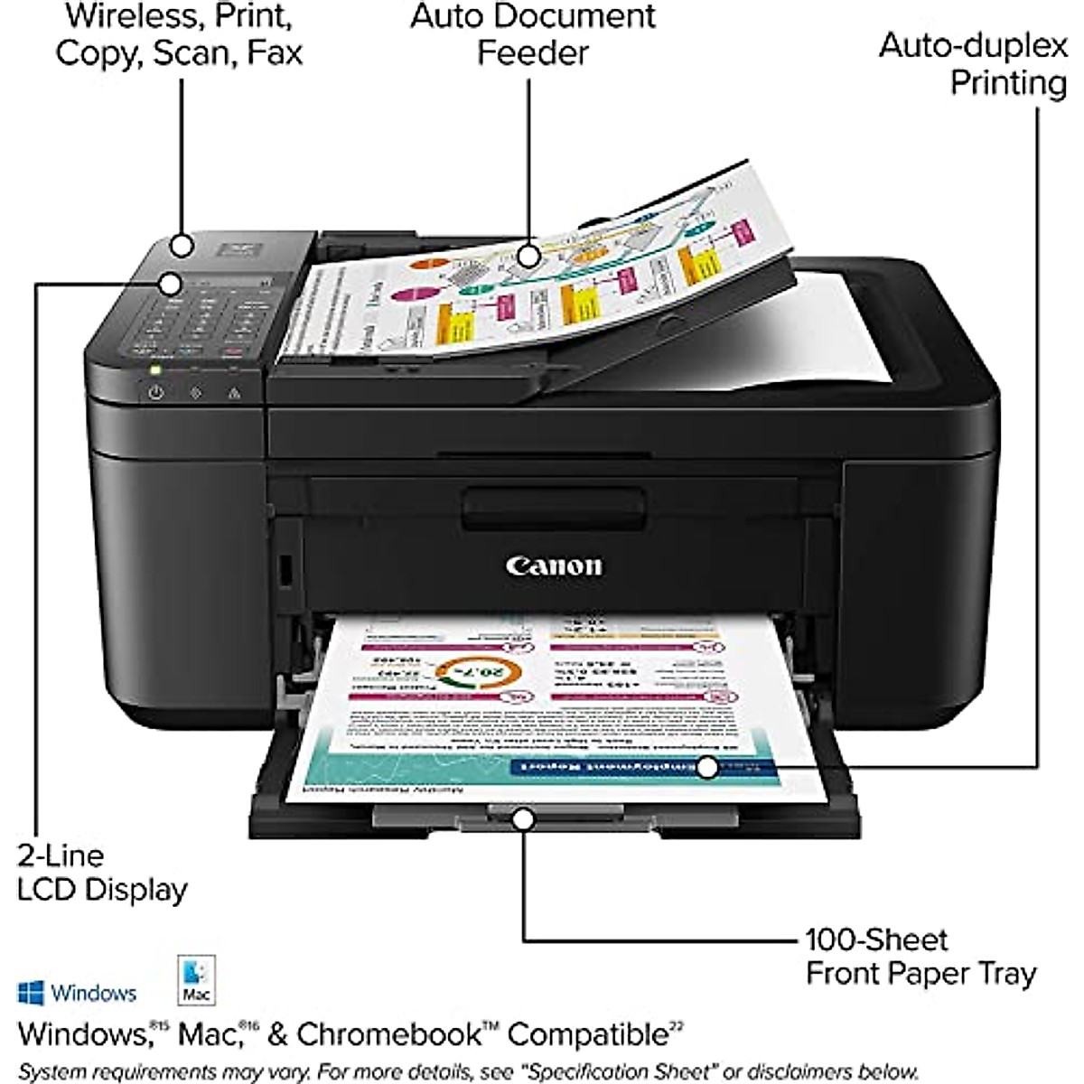 Canon PIXMA TR4720 Wireless Color All-in-One Inkjet Printer, Black - Print Copy Scan Fax - 4800 x 1200 dpi, Auto 2-Side Printing, 20-Sheet ADF, 2-Line LCD Display, DAODYANG Printer_Cable