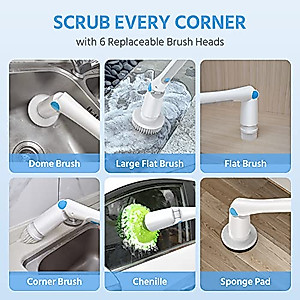 Electric Spin Scrubber, AKKTOL Cordless Cleaning Brush Up to 300RPM, 6 Replaceable Waterproof Brush Heads and Extension Arm, 1.5H Runtime Power Shower Scrubber for Bathroom, Tub, Tile, Floor, Wall