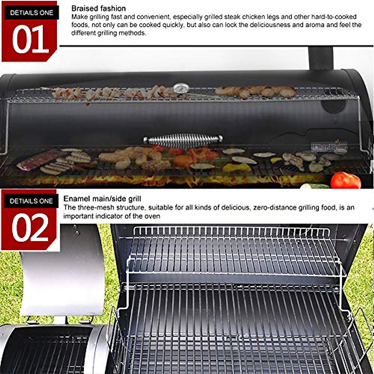 RJMOLU BBQ Grill Charcoal Barbecue Grill Home Meat Cooker Smoker with Offset Smoker and Fold-Down Shelf, Outdoor Picnic Camping Garden Roaster for 8-12 People,A