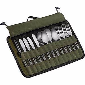 xiaoguozi Cutlery Storage Bag,Portable Polyester Roll Up Pouch Bag For Forks, Spoons, Chopstick,Water Resistant Storage Kitchen Cooking Utensil Set Travel Organizer, Army Green