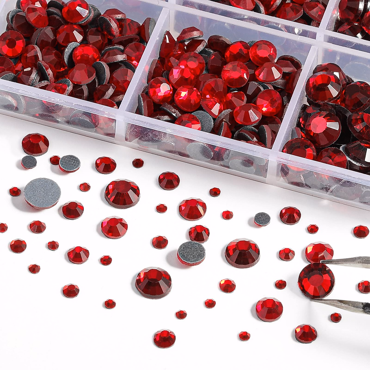 6736pcs Hotfix Rhinestones Flatback,Red Rhinestones for Crafts Clothes Mixed 5 Sizes, Hotfix Crystals with Tweezers and Wax Pencil Kit, SS6-SS30,Siam