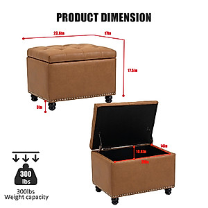 J.C.UP Upholstered Tufted Storage Ottoman, Storage Ottoman Footstool with Safety Hinge Button-Tufted Seat, Storage Bench for Bedroom Living Room Storage Toy Box Brown-Faux Leather